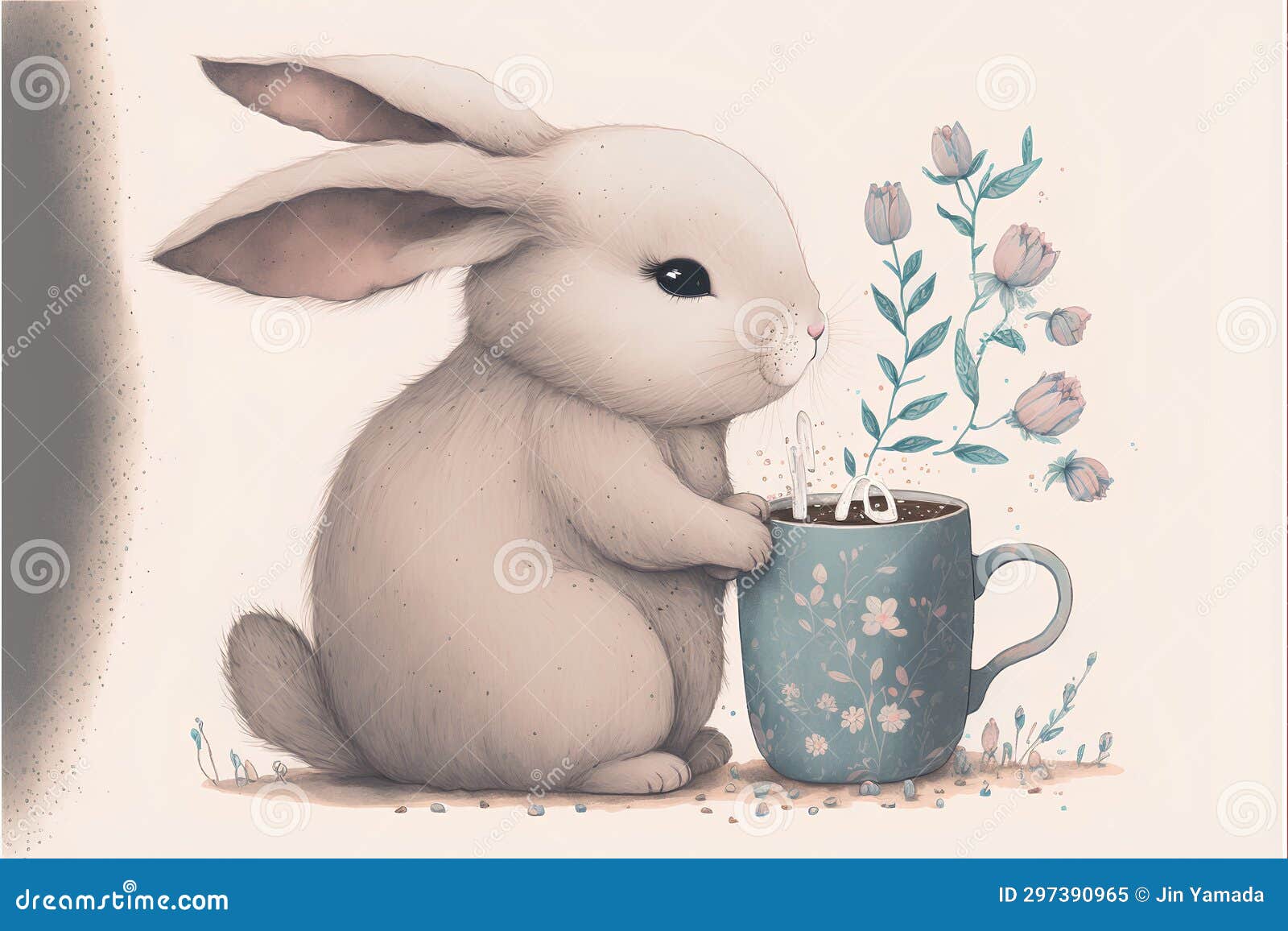 Cute Rabbit with Cup of Coffee. Hand Drawn Vector Illustration Stock ...