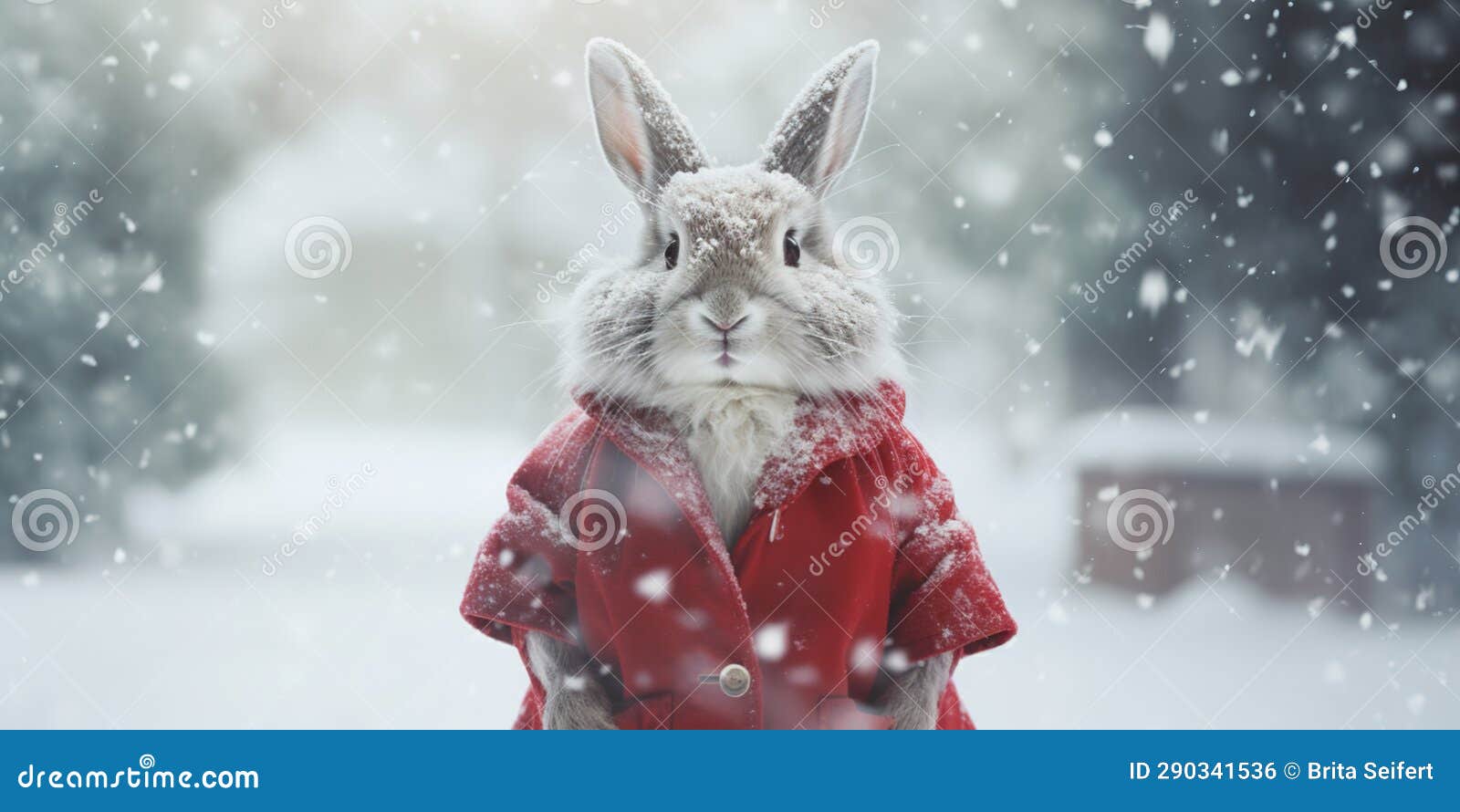 A Cute Rabbit Dressed As Santa Claus, Standing in Snow during Blizzard ...