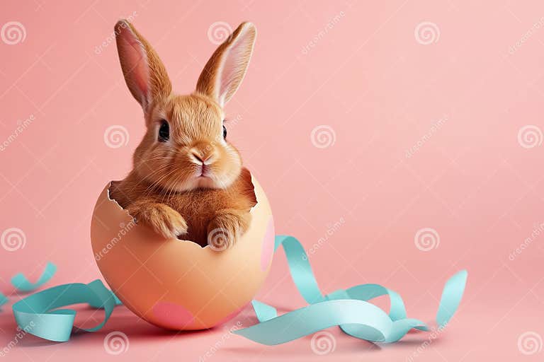 Cute Rabbit in Eggshell with Blue Ribbons on Pink Background Stock ...