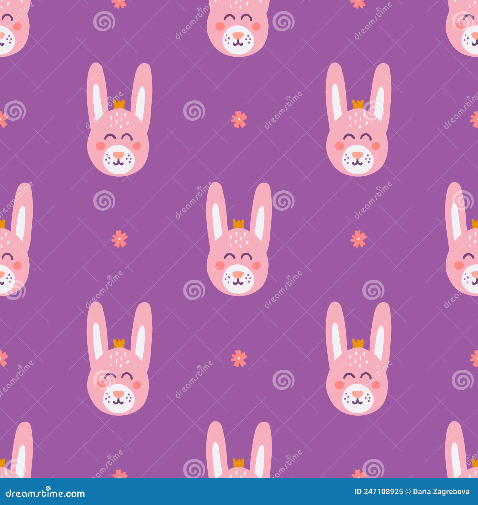 Cute Rabbit Face on Purple Background, Vector Seamless Pattern Stock ...