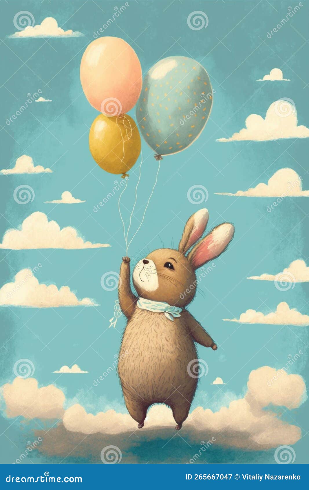 Cute Rabbit Flies on Balloons in the Clouds. AI Generated Stock ...