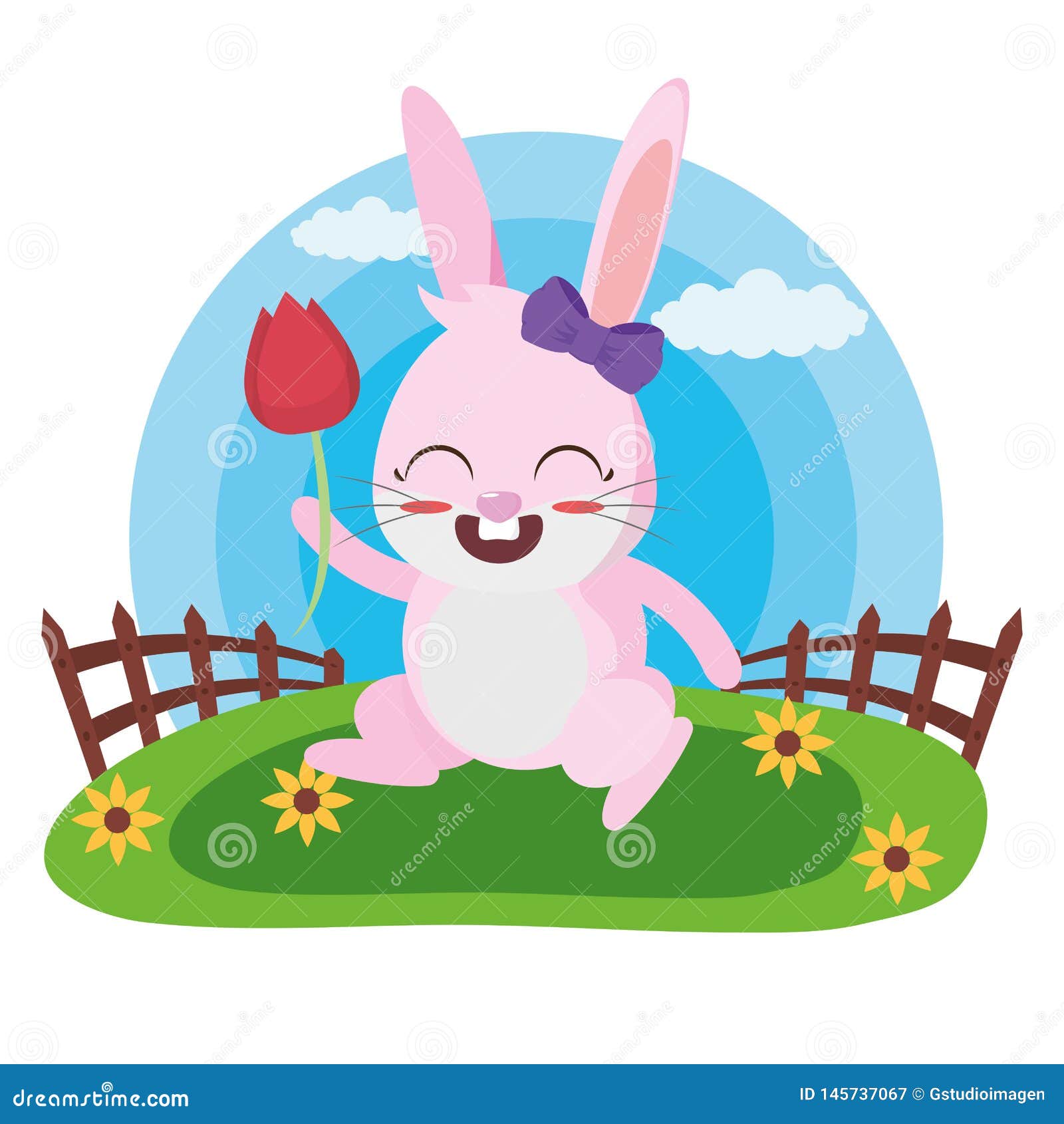 Cute rabbit with flower stock illustration. Illustration of poster ...