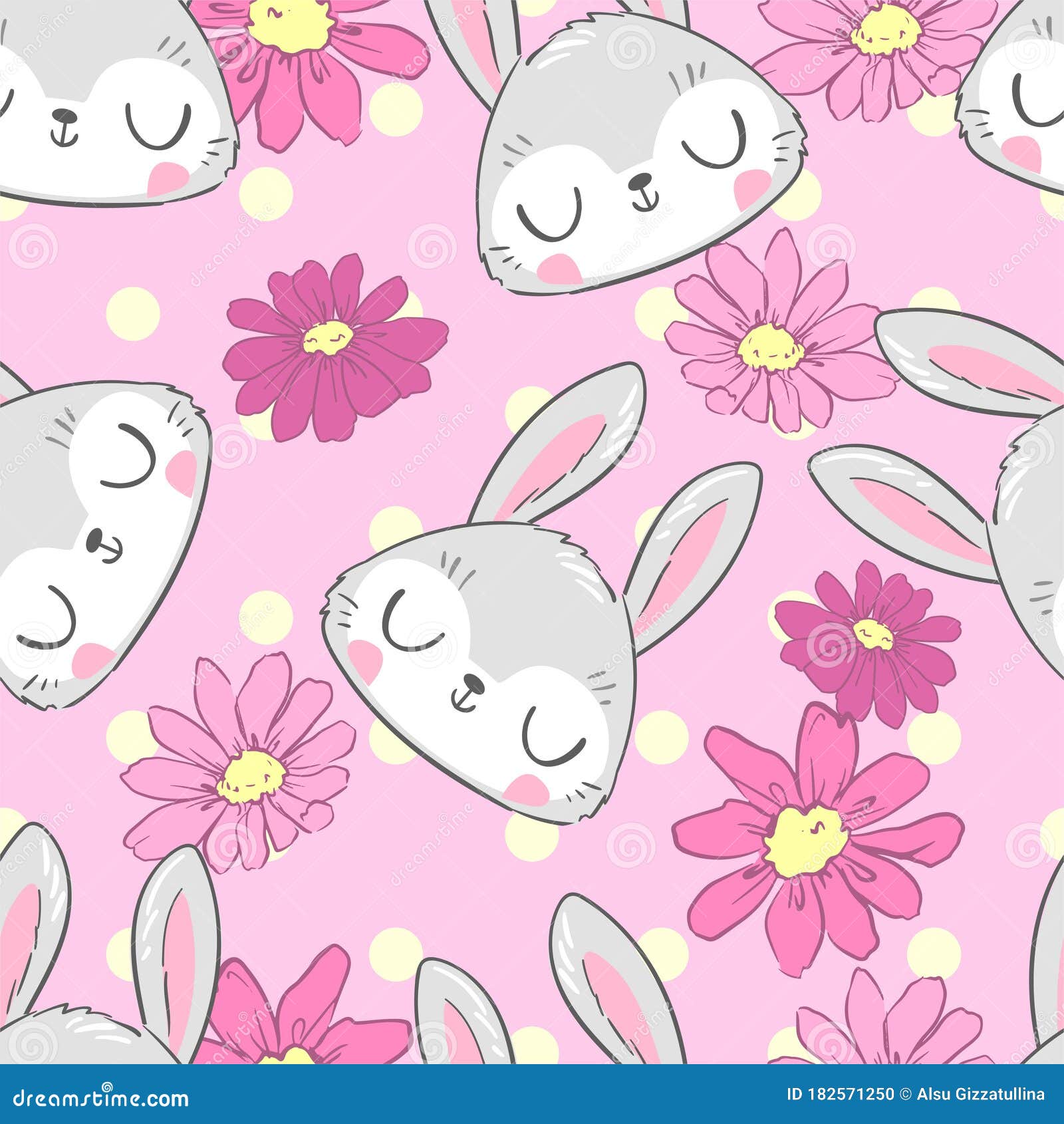 Cute Rabbit and Flowers Sketch Vector Illustration Pattern Seamless ...