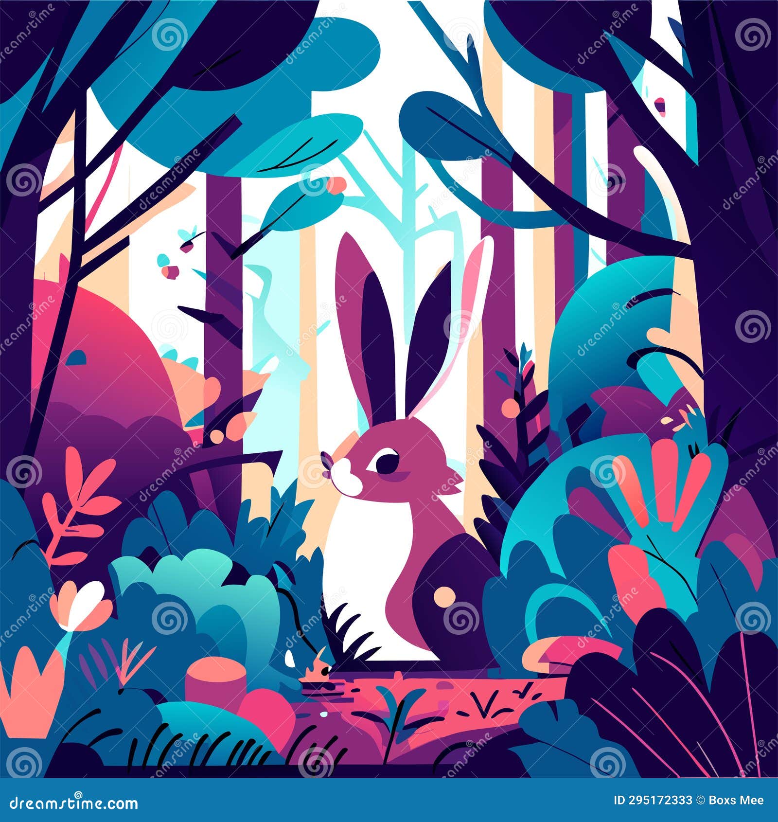 Cute Rabbit in the Forest. Colorful Flat Vector Illustration Stock ...