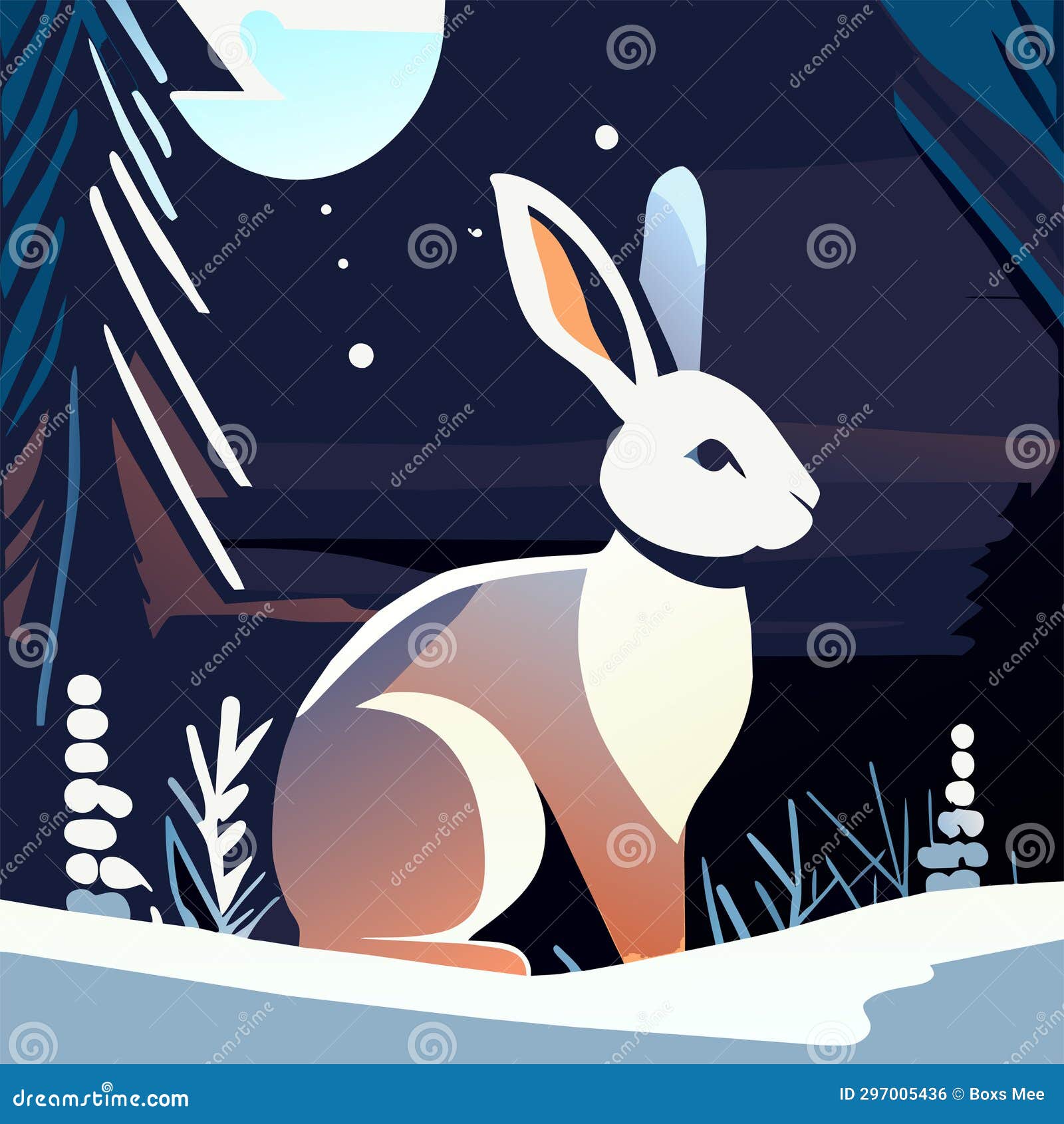 Cute Rabbit in the Forest at Night, Flat Vector Illustration ...