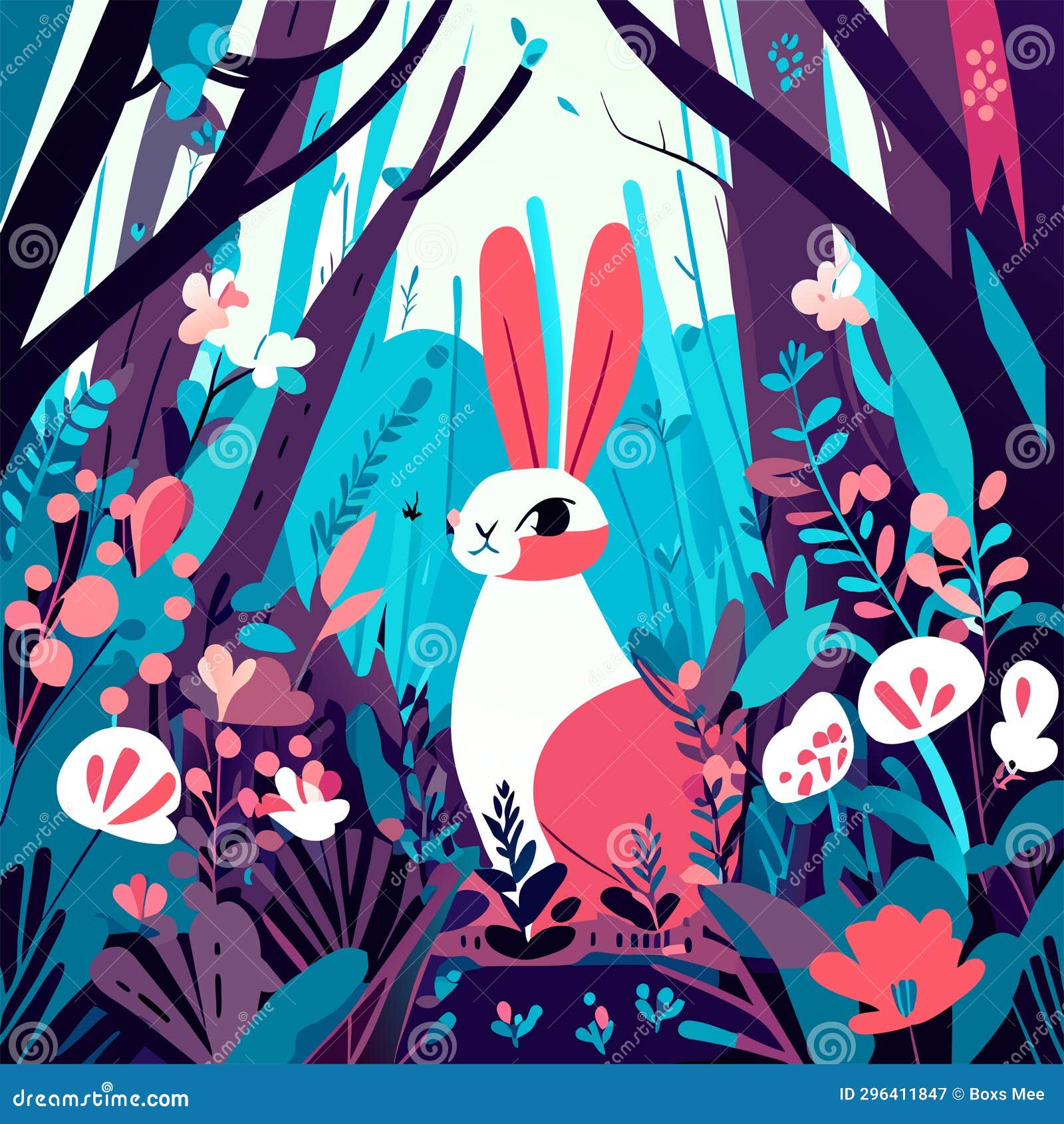 Cute Rabbit in the Forest. Vector Illustration in Cartoon Style Stock ...