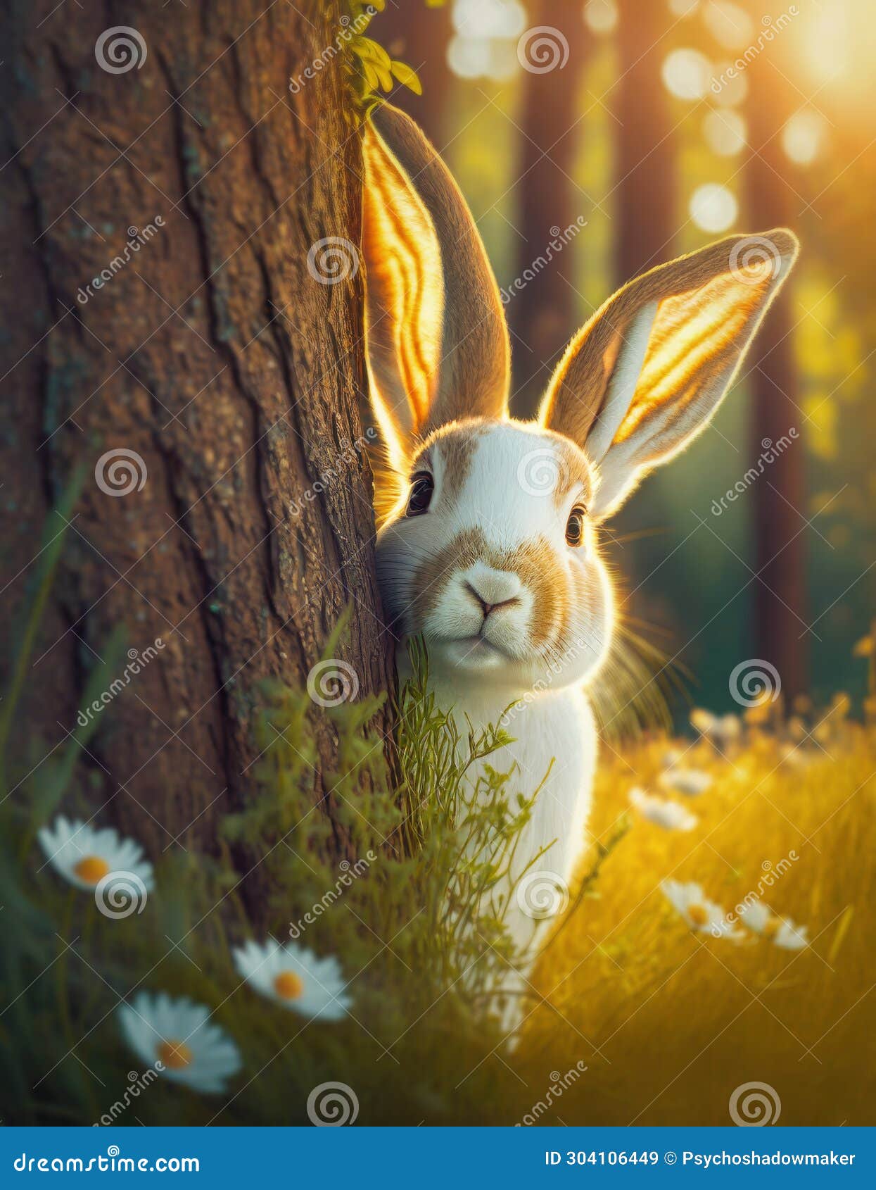 Cute Rabbit Hiding Behind a Tree in the Forest Stock Illustration ...