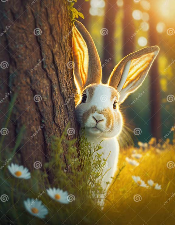 Cute Rabbit Hiding Behind a Tree in the Forest Stock Illustration ...