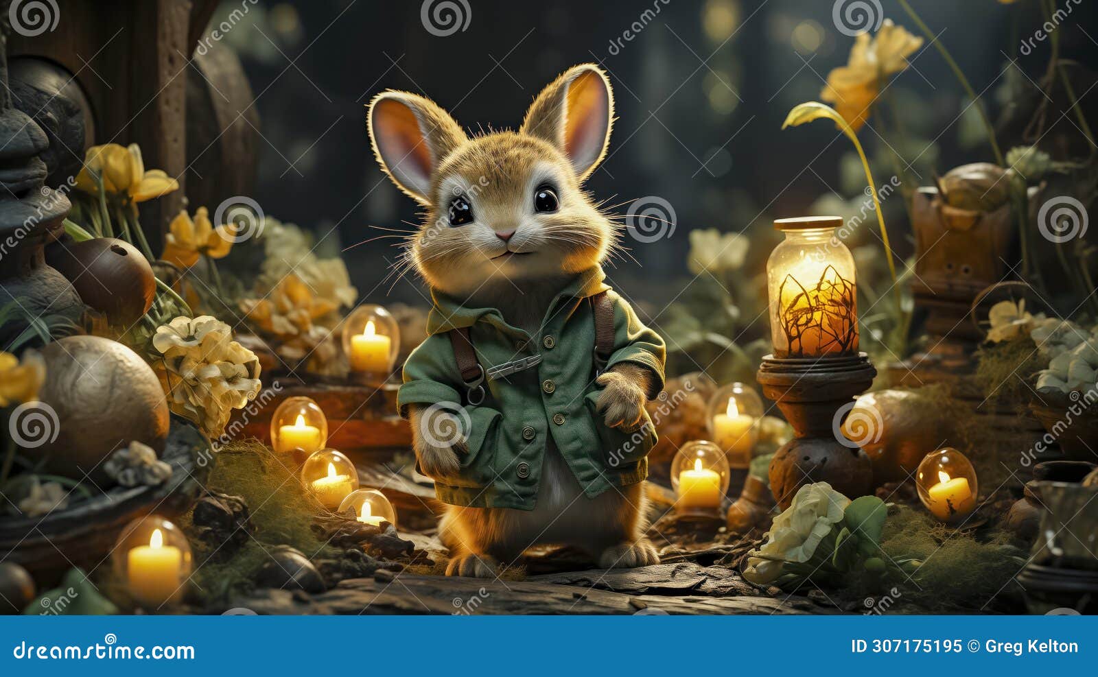Cute Rabbit in Jacket Standing by Candles and Flowers in Enchanted ...