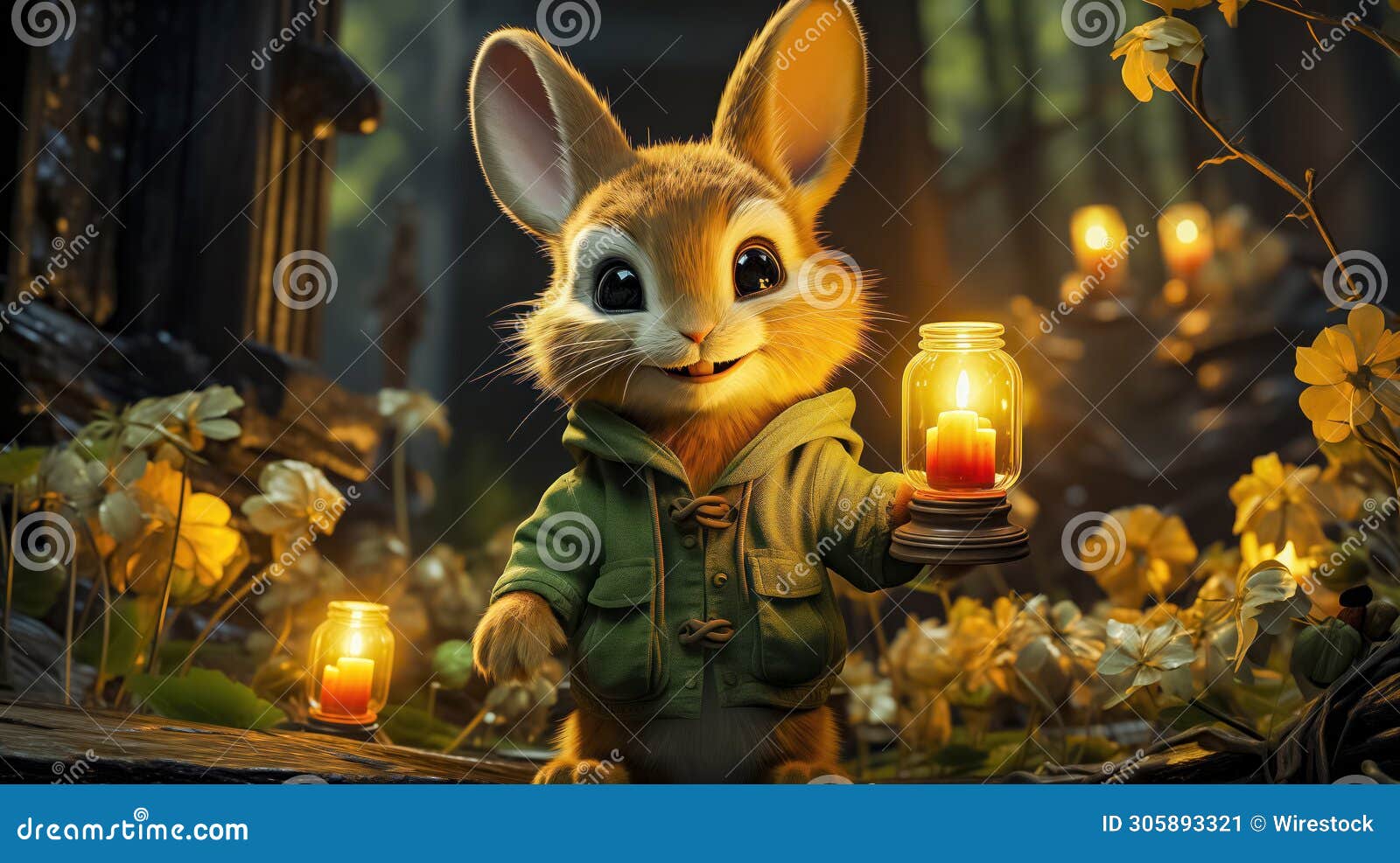 Cute Rabbit in Jacket Standing by Candles and Flowers in Enchanted ...