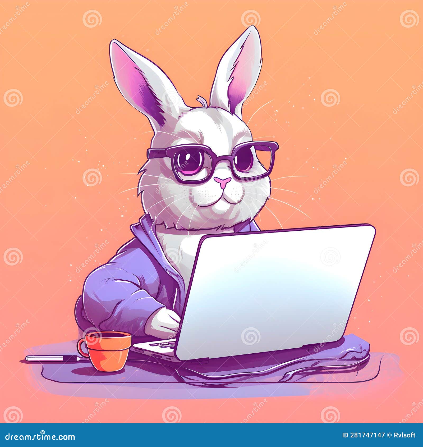 Cute Rabbit with Laptop Computer on White Background, Internet ...