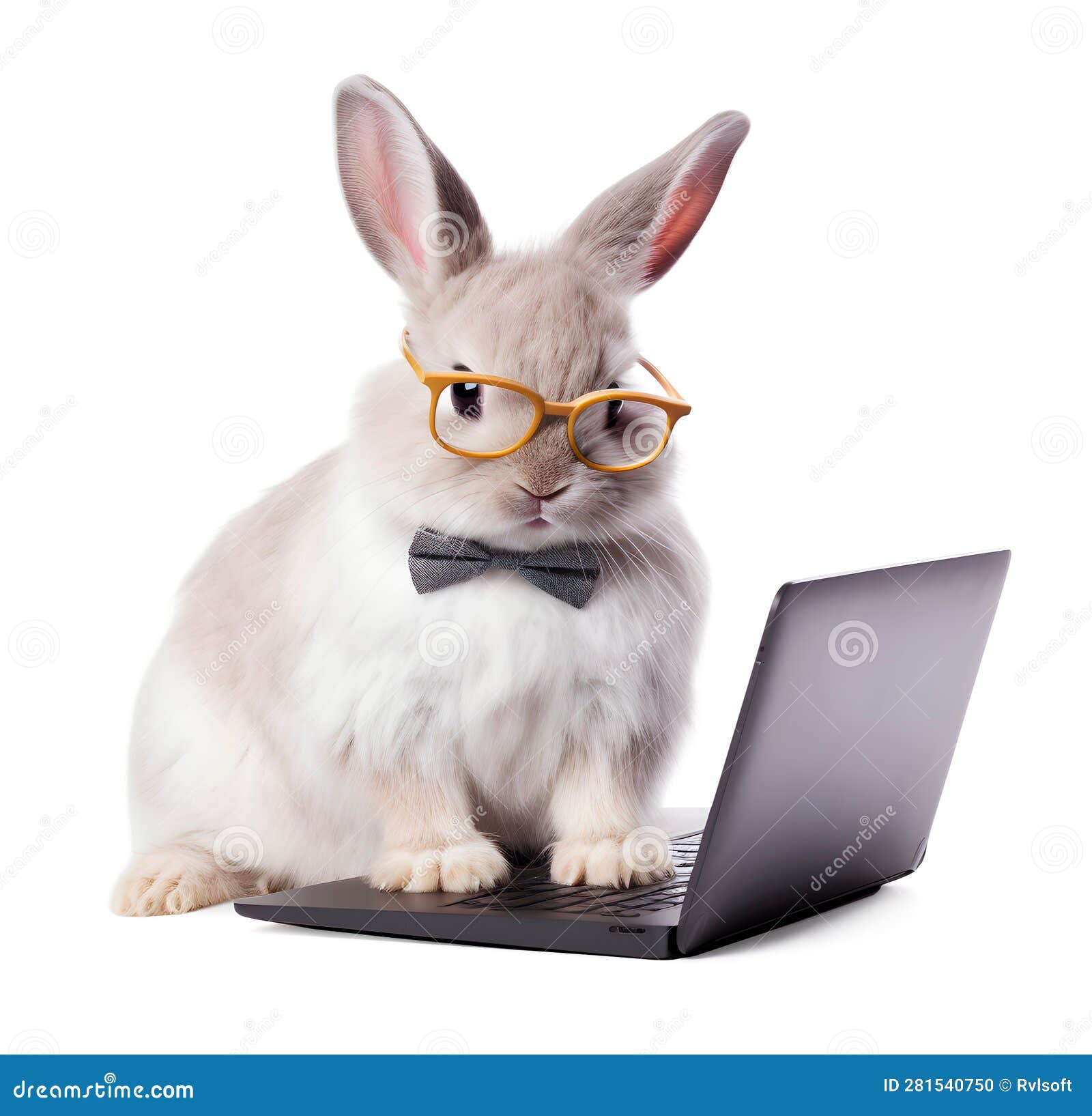 Cute Rabbit with Laptop Computer on White Background, Internet ...