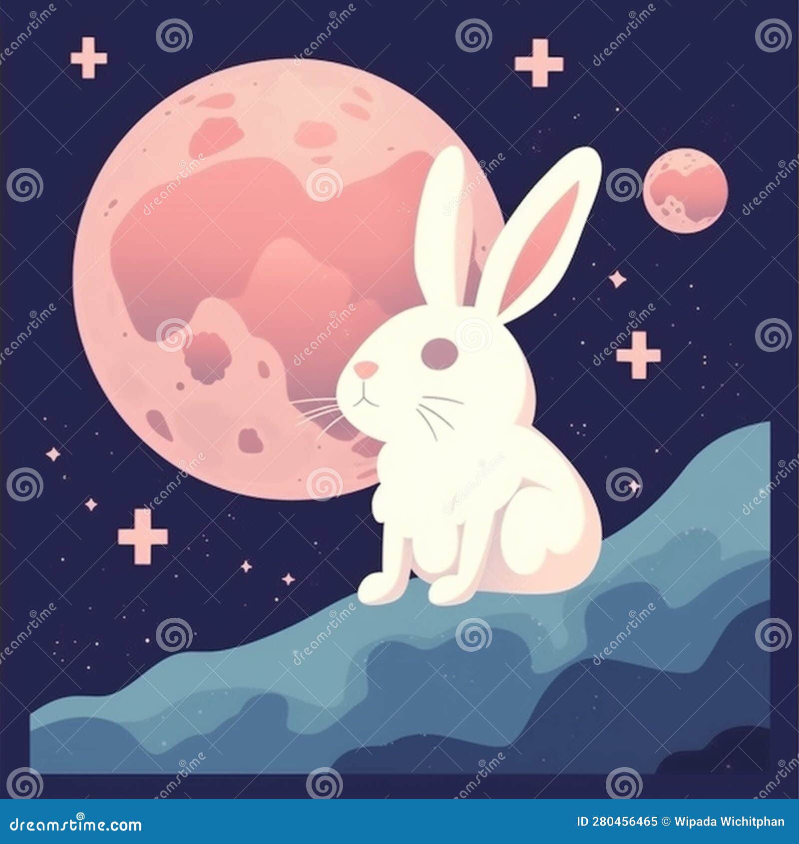 Cute Rabbit in the Moon with Starry Sky Background Cartoon Illustration ...