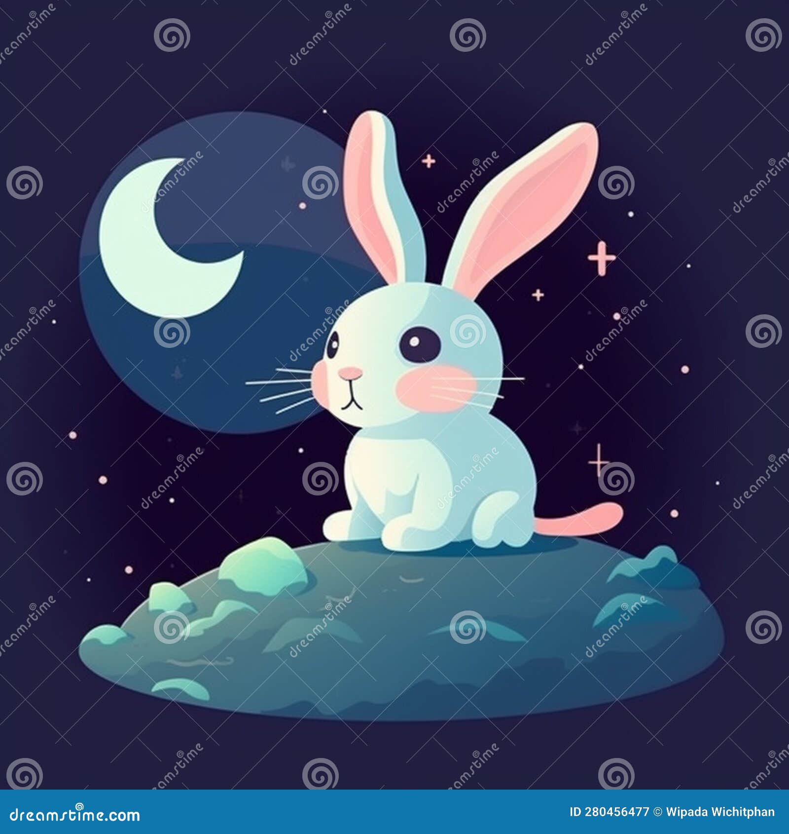 Cute Rabbit in the Moon with Starry Sky Background Cartoon Illustration ...