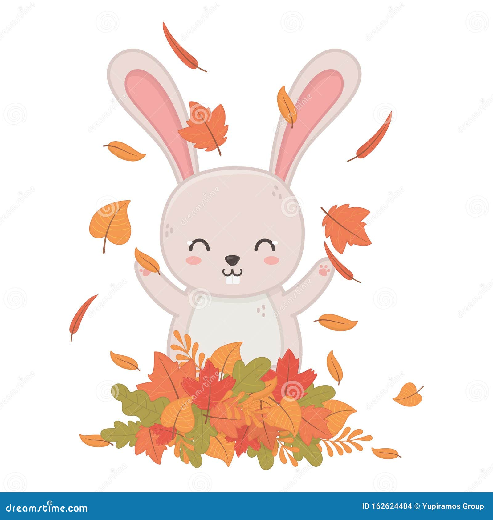 Cute Rabbit Playing with Leaves Forest Hello Autumn Stock Vector ...