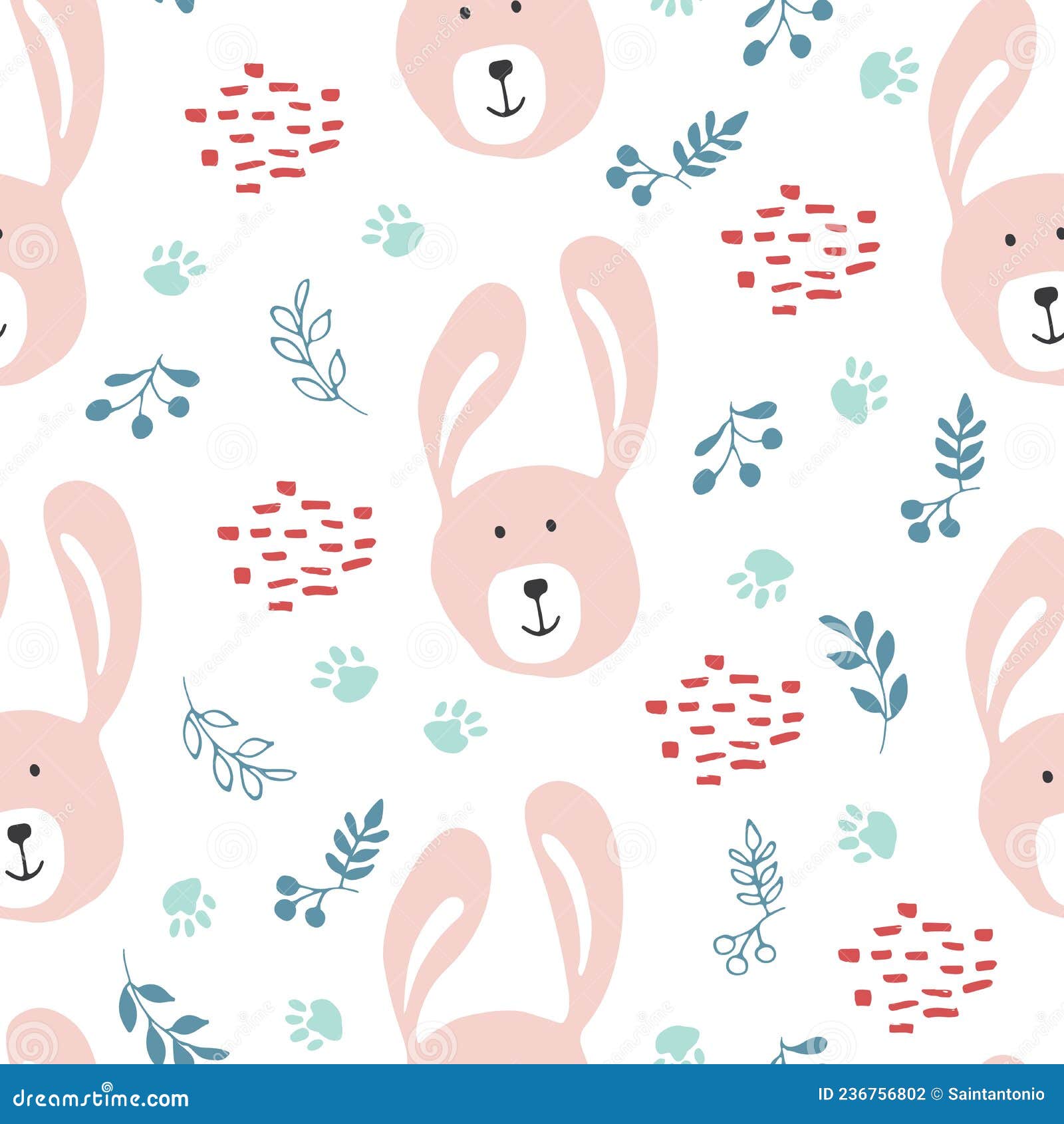 Cute Rabbit Seamless Pattern. Cartoon Animals in Forest Background ...