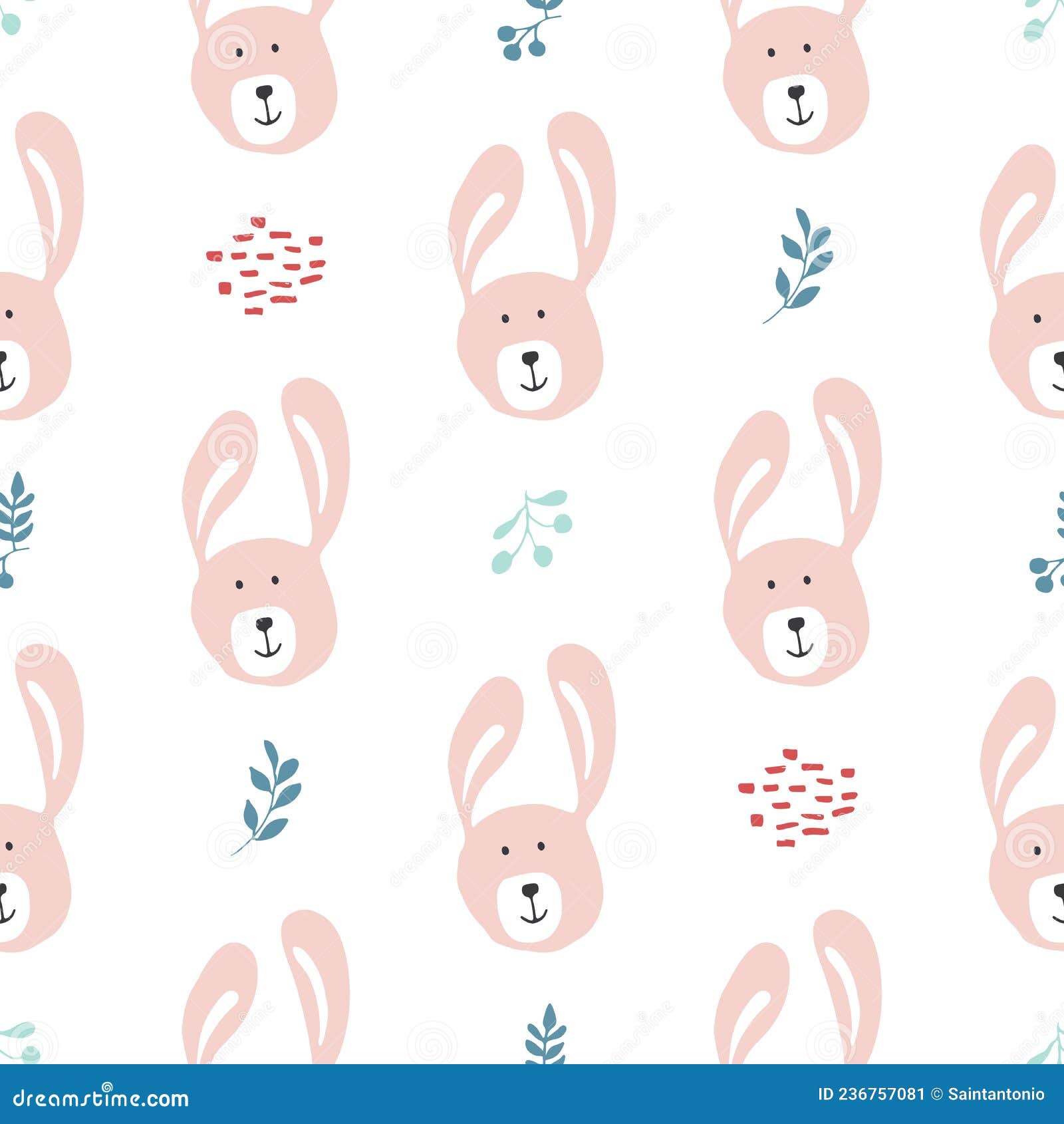 Cute Rabbit Seamless Pattern. Cartoon Animals in Forest Background ...