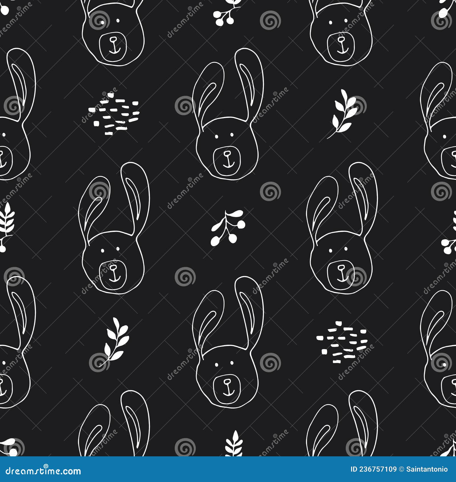 Cute Rabbit Seamless Pattern. Cartoon Animals in Forest Background ...