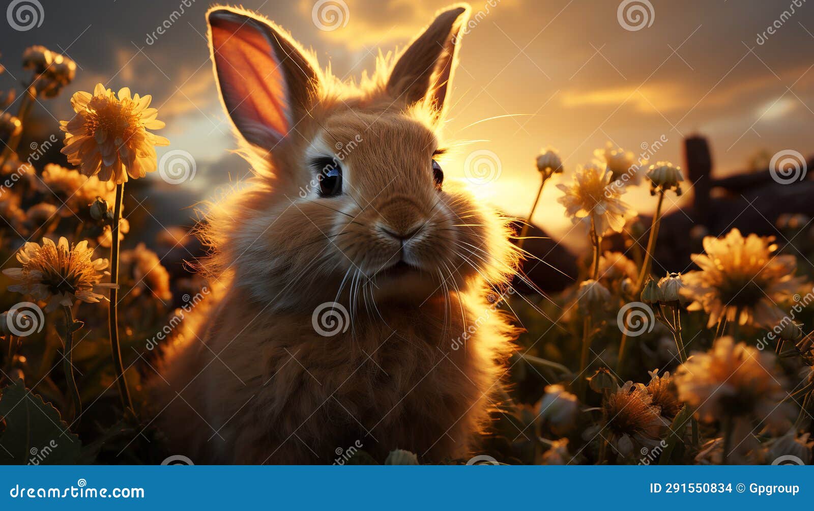 Cute Rabbit Sitting in Meadow, Looking at Sunset Generated by AI Stock ...