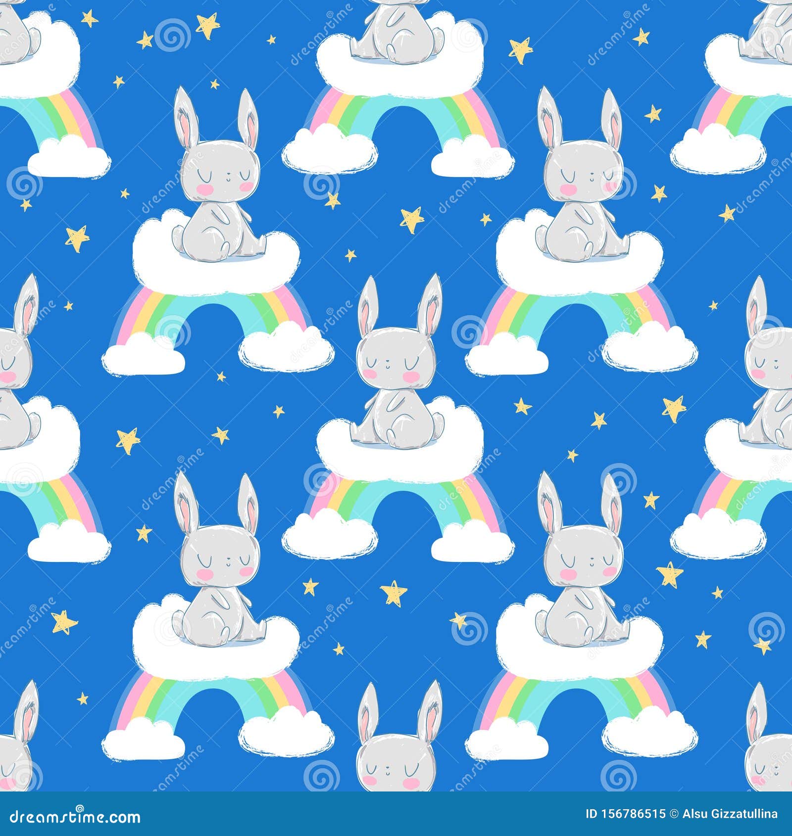 Cute Rabbit Sitting on a Rainbow Cute Illustration Pattern Seamless ...