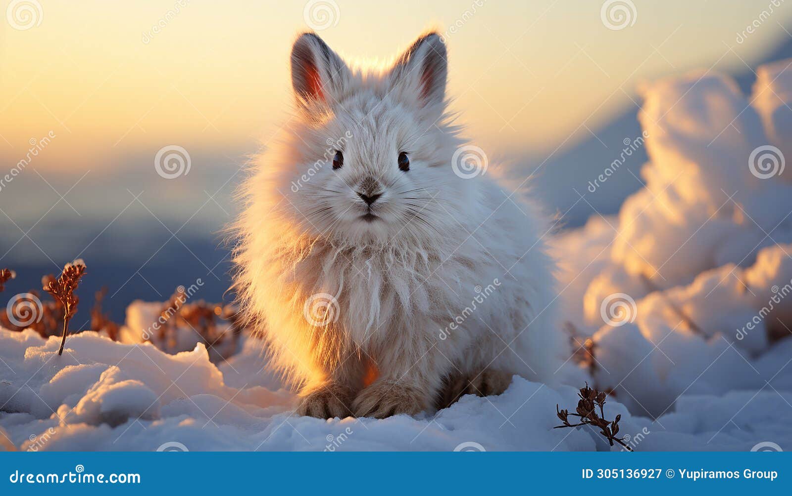 Cute Rabbit Sitting in Snow, Looking at Sunset Generated by AI Stock ...