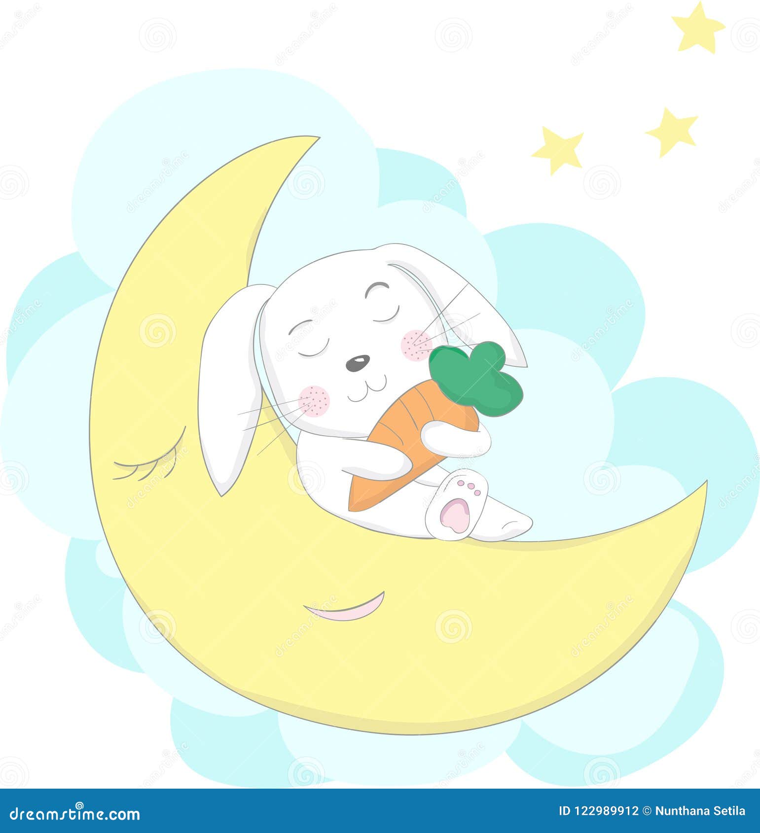 Cute Rabbit Sleep Cartoon with Moon at Night. Hand Drawn Style Stock ...