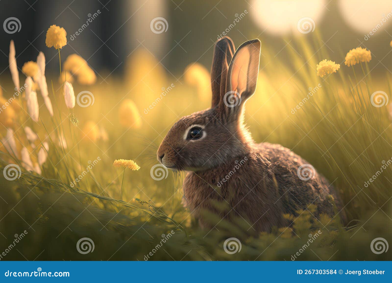 Rabbit in a Spring Meadow Scene, Generative Ai Stock Illustration ...
