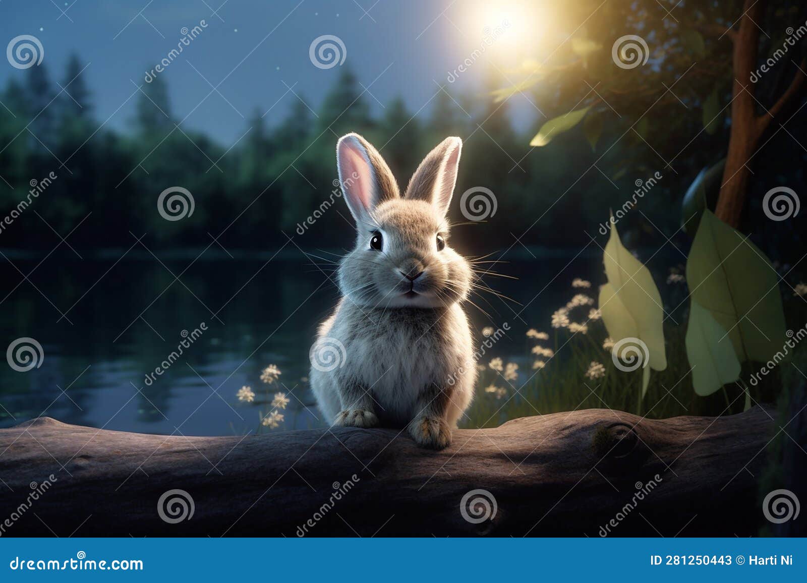 Cute Rabbit Standing on a Tree Trunk with Lake Forest Nature Landscape ...