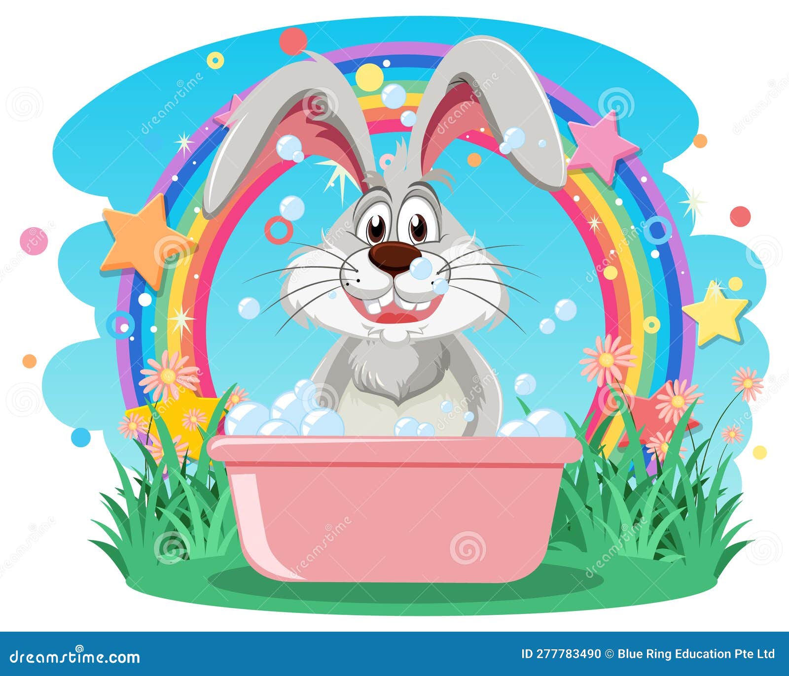 Cute Rabbit Taking a Bath in the Garden Stock Vector - Illustration of ...
