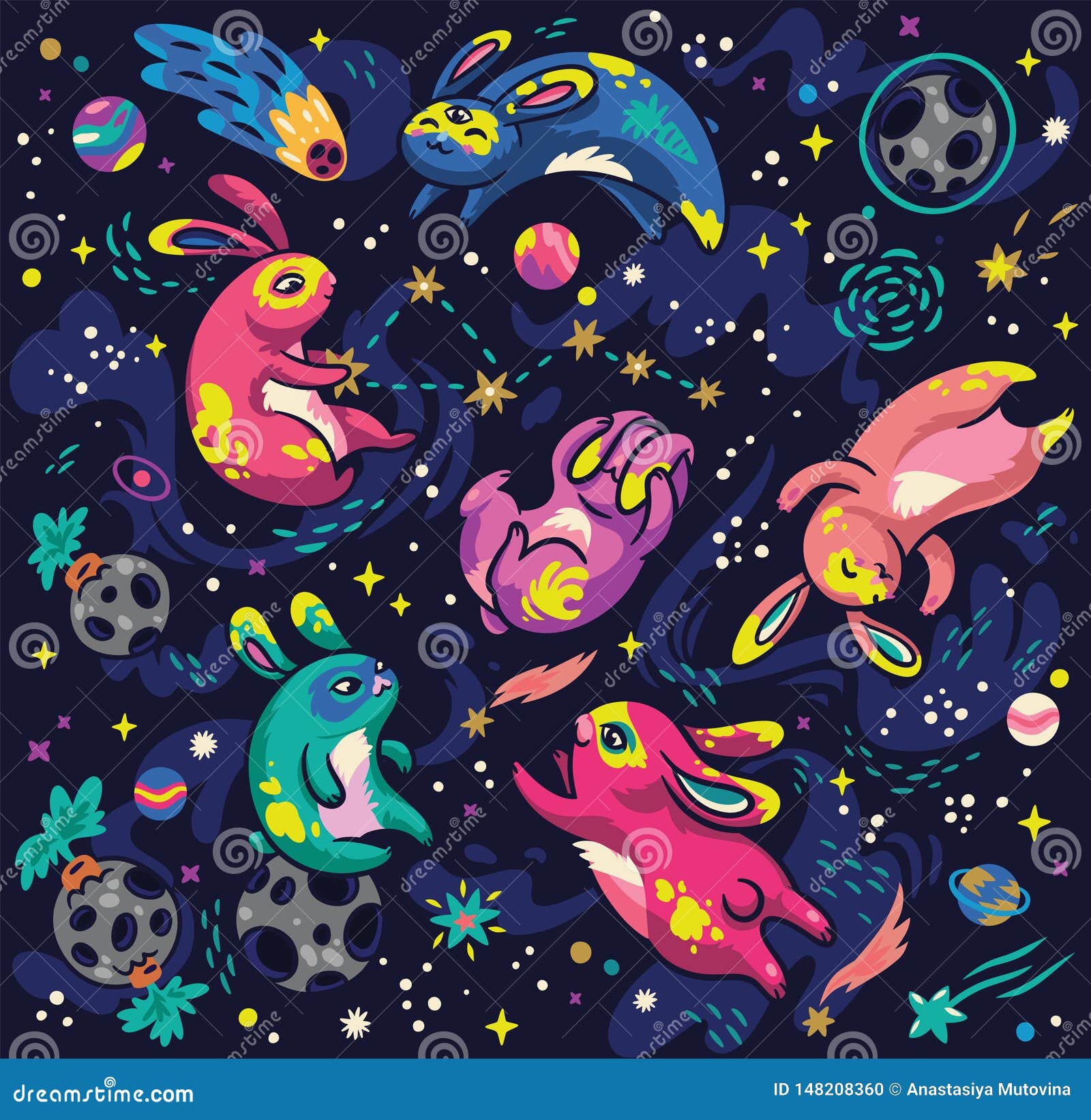 Cute Rabbits Flying in the Space Seamless Pattern. Vector Illustration ...