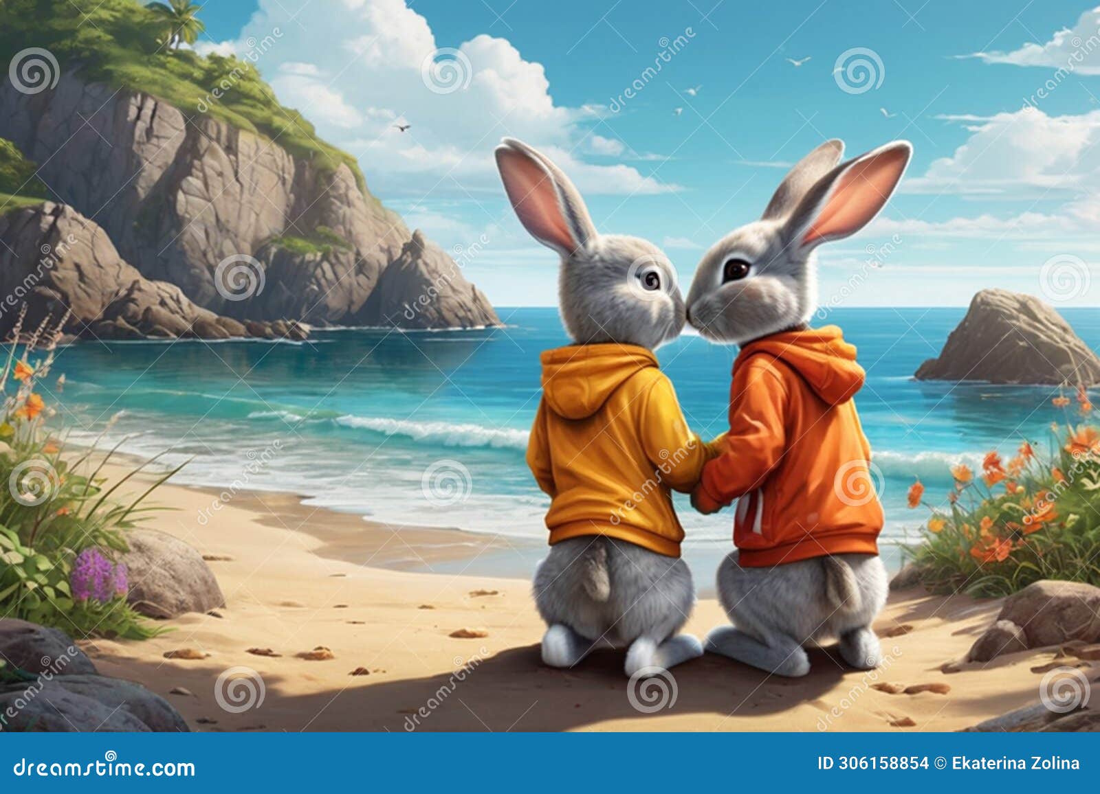 Cute Rabbits Kiss on the Sea Beach. Stock Photo - Image of vacation ...