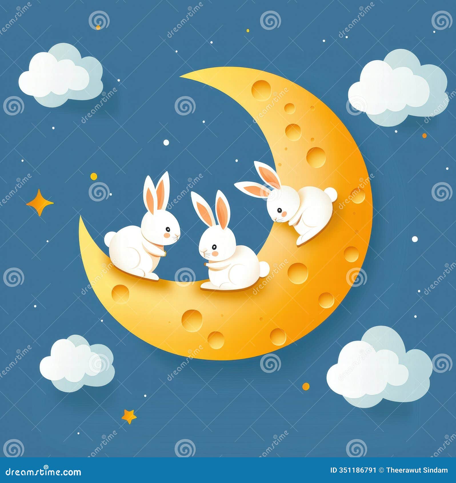 Cute Rabbits Sitting on Crescent Moon with Clouds and Stars in Night ...