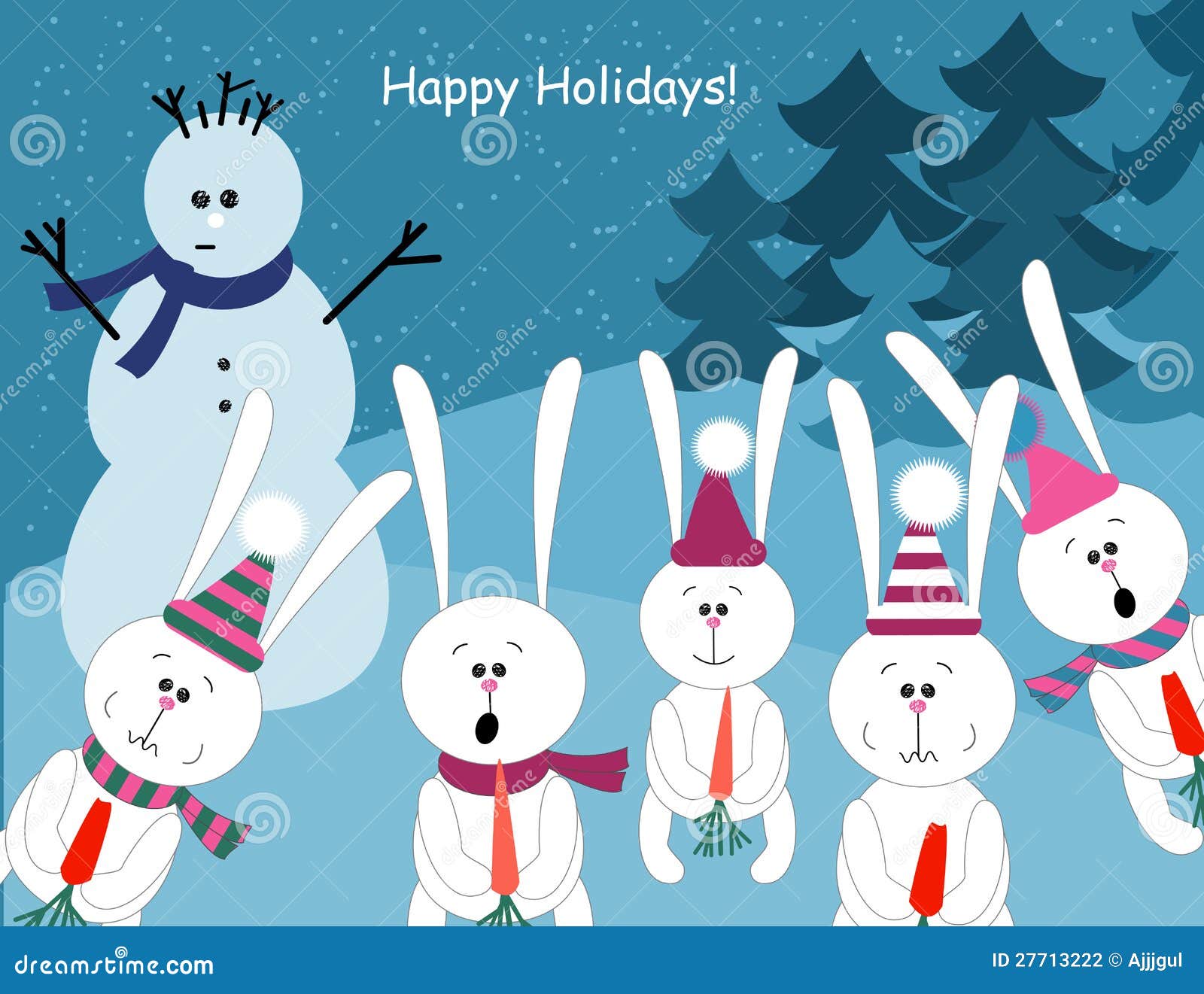 Cute rabbits and a snowman stock illustration. Illustration of ...