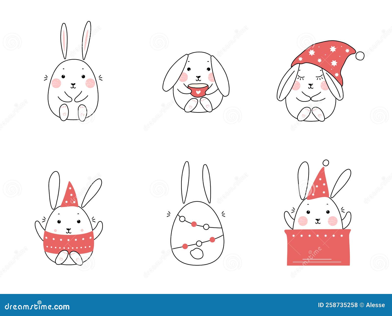 Cute Rabbits Vector Illustrations Christmas Bunnies Set Stock Vector