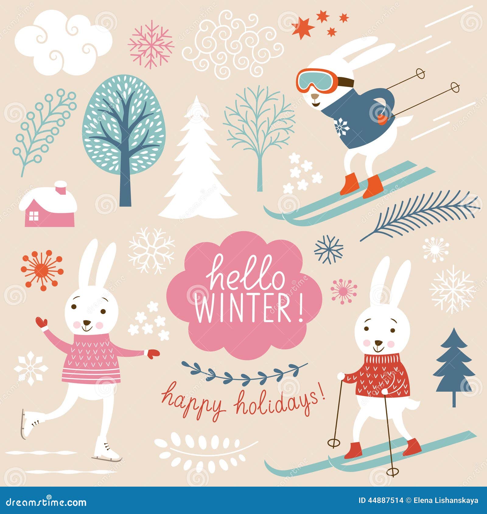 Set Cute Rabbits Cartoon Characters. Vector Illustration With Cartoon ...