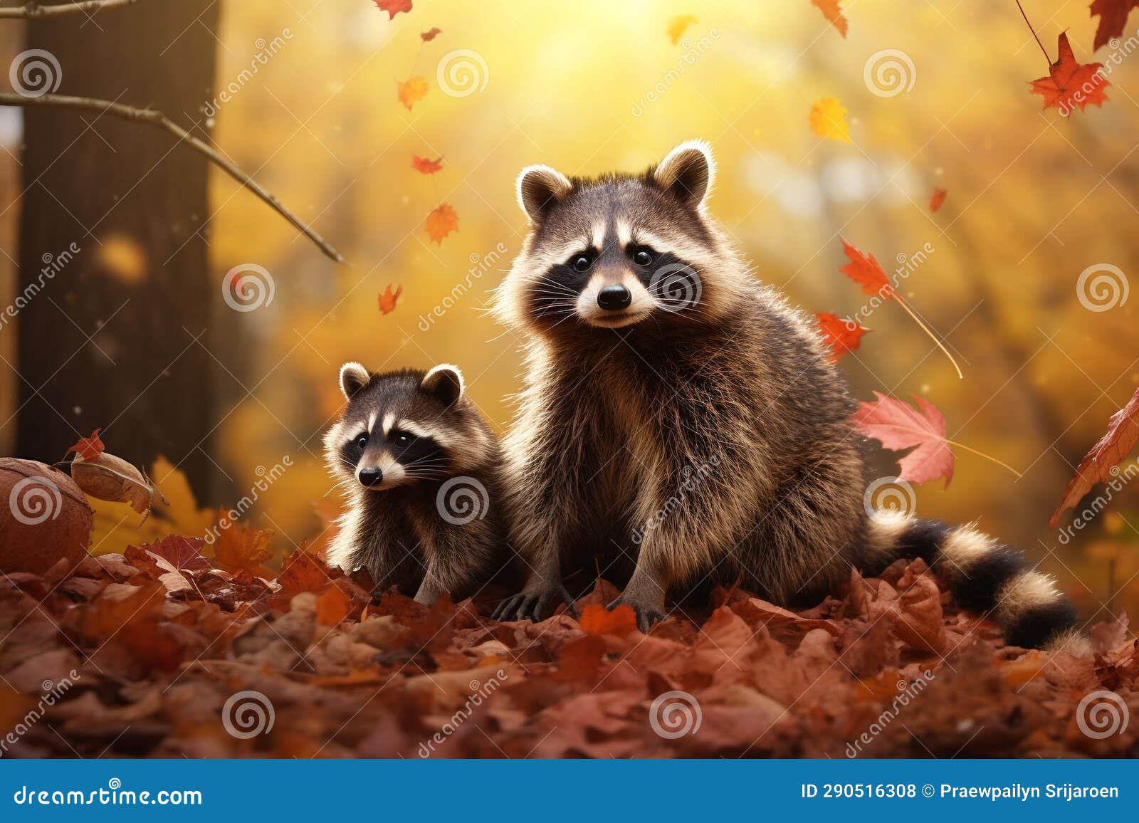 Cute Raccoon in the Autumn Forest with Autumn Leaves Stock Illustration ...