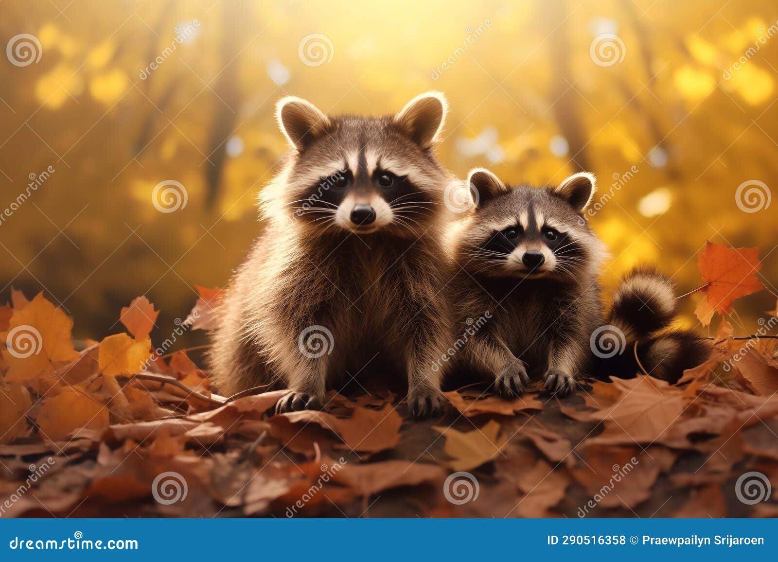 Cute Raccoon in the Autumn Forest with Autumn Leaves Stock Illustration ...