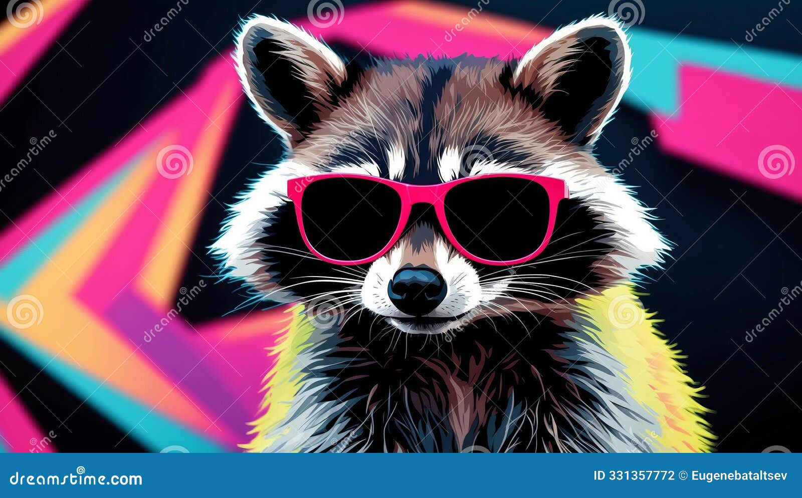 Cute Raccoon with Sunglasses Poses in Colorful Synthwave Setting Stock ...