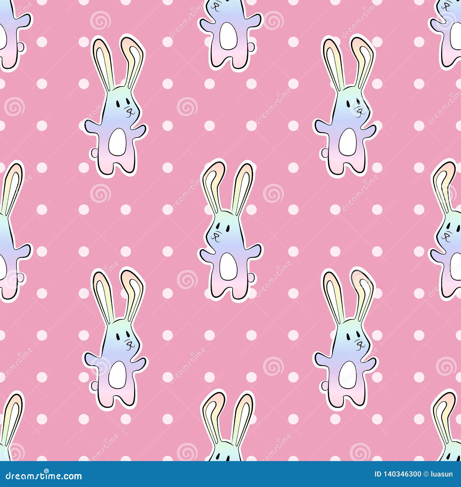 Cute Rainbow Cartoon Bunny Rabit with Dots Seamless Pattern Stock ...
