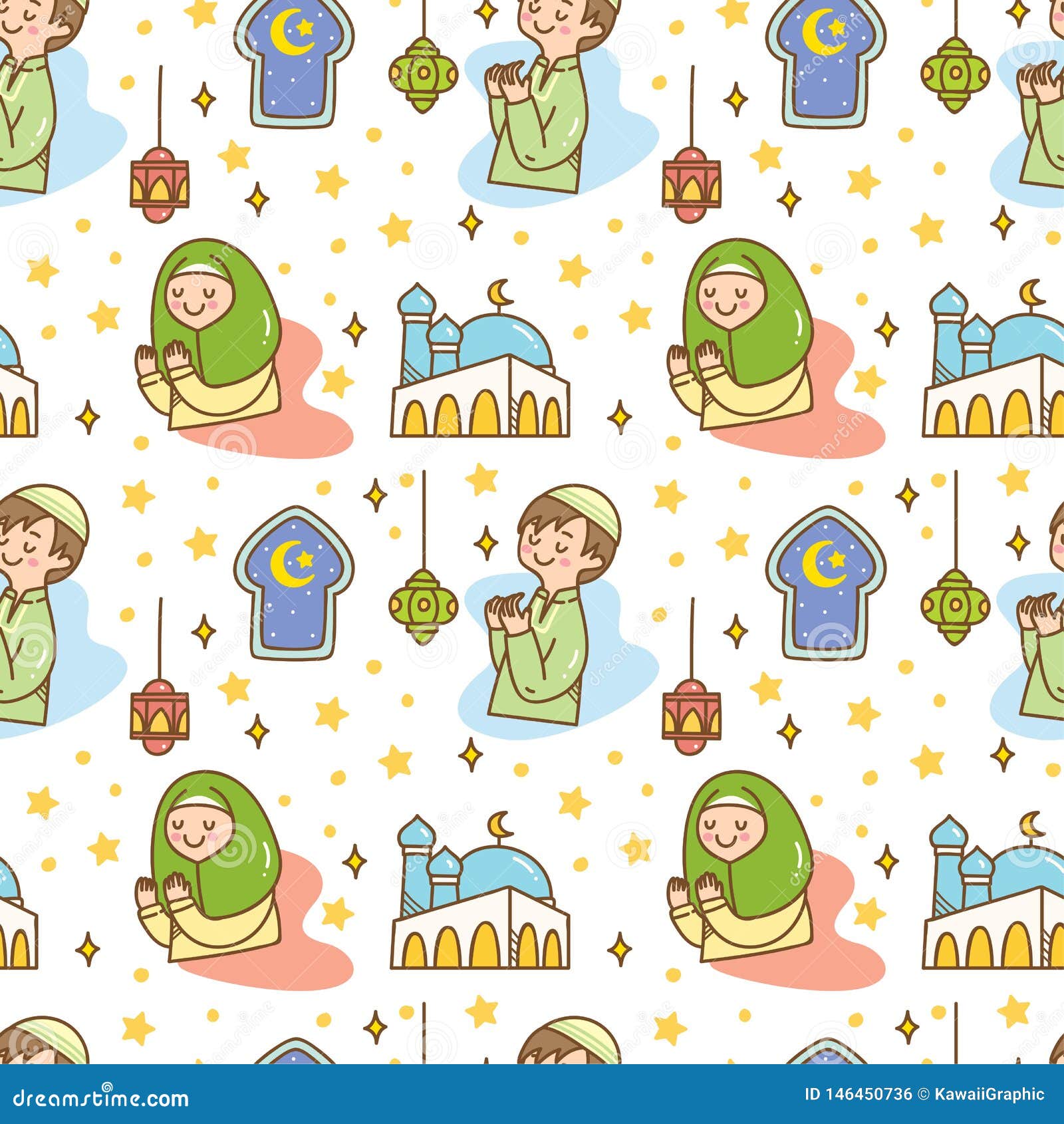 Cute Ramadan Doodle Seamless Pattern Stock Illustration - Illustration ...