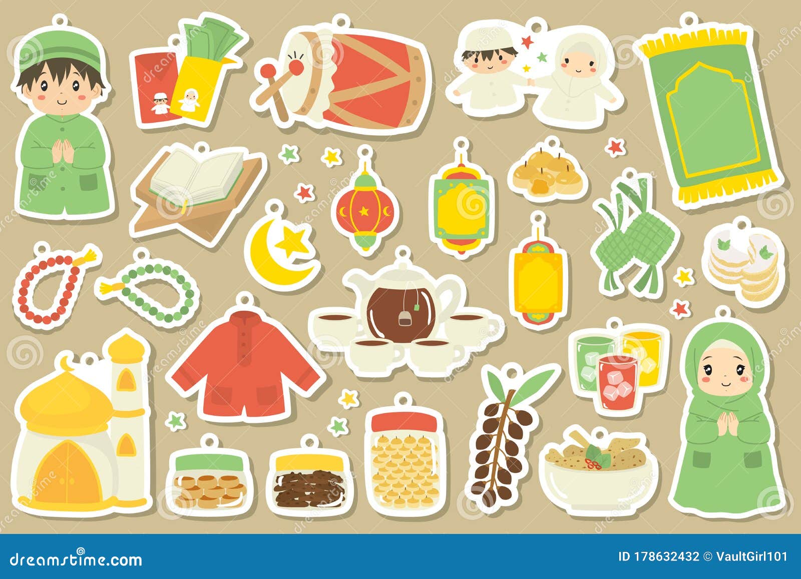 Cute Ramadan Elements Cartoon Vector Set Stock Vector - Illustration of ...