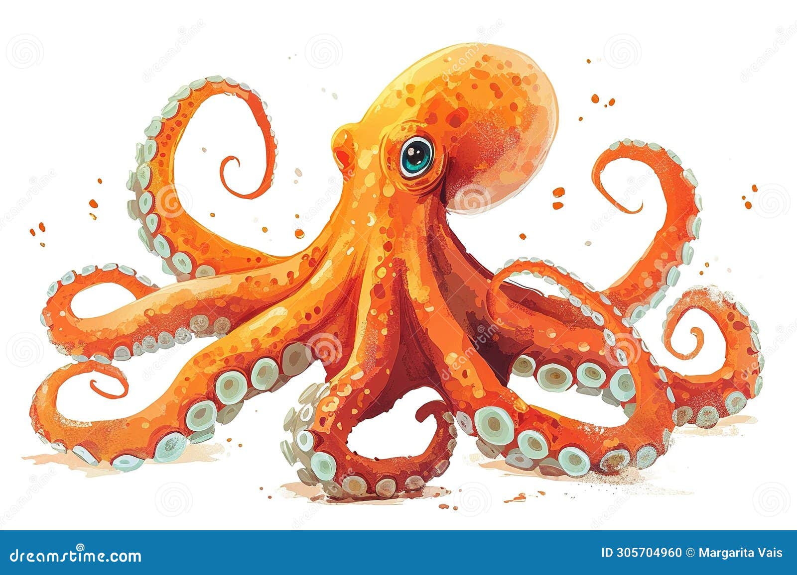 Cute Realistic Cartoon Orange Octopus on White Background Stock ...