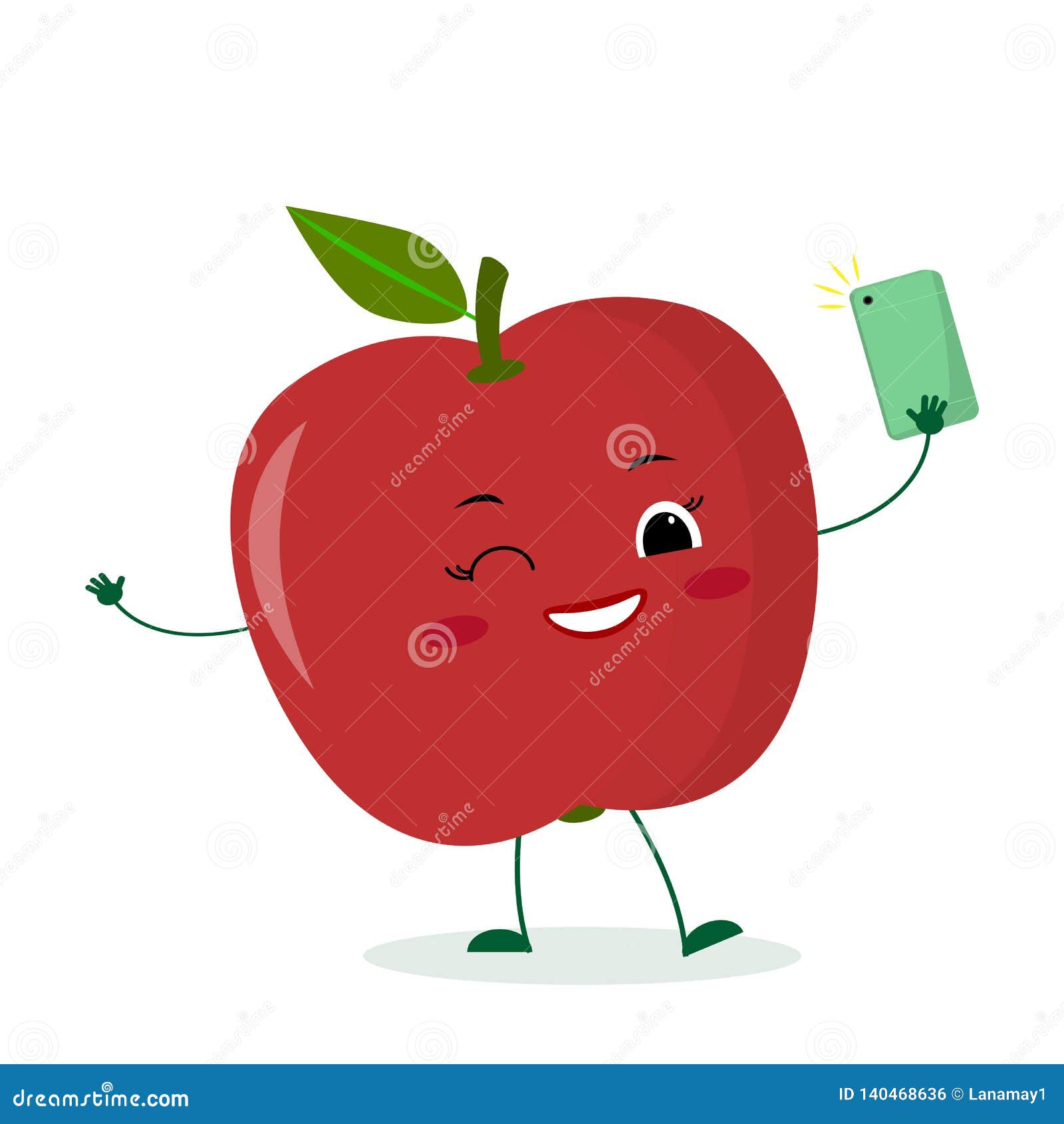 Cute Red Apple Cartoon Character with a Smartphone and Does Selfie ...