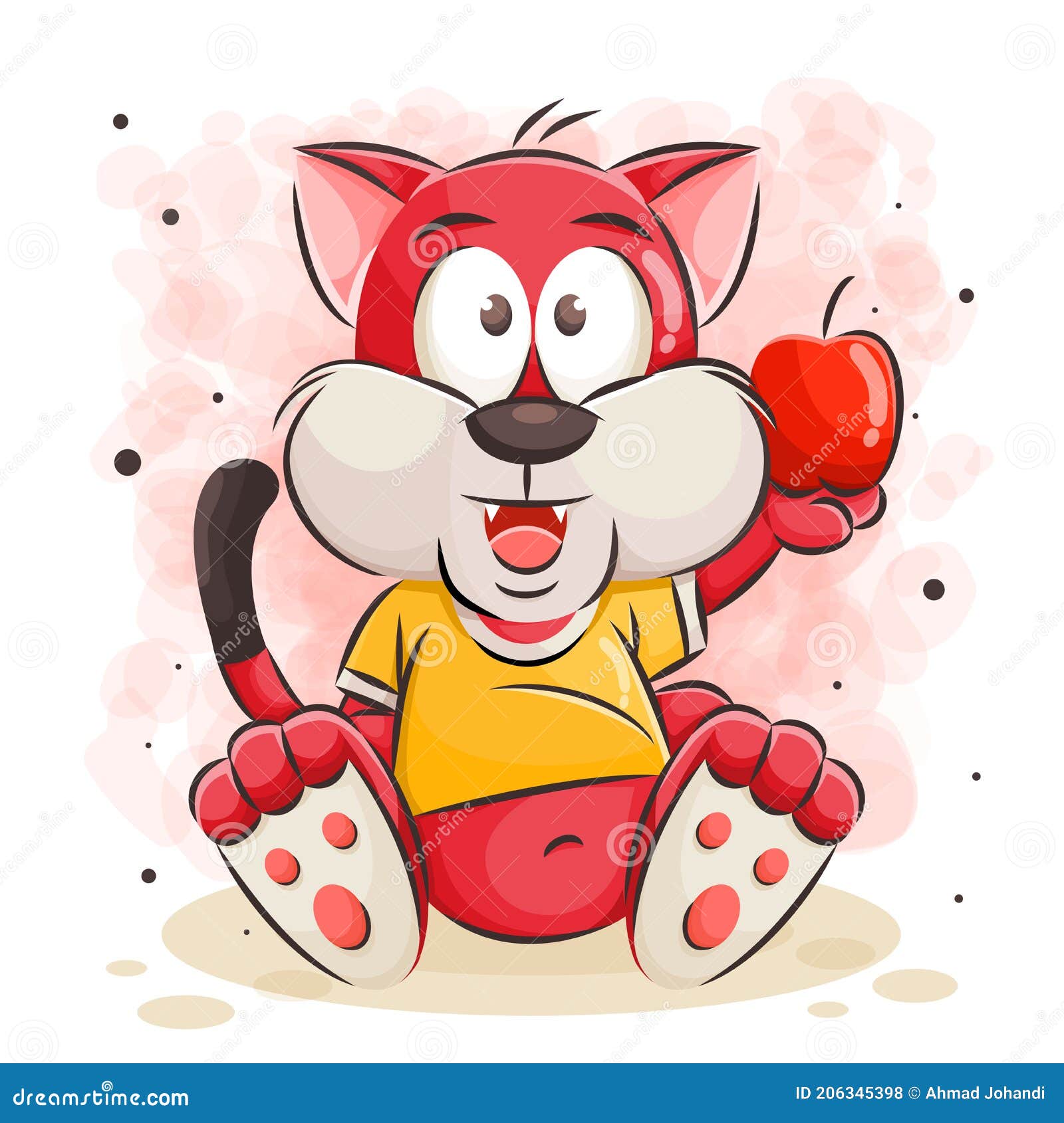 Cute Red Cat Cartoon with Apple Vector Illustration Stock Vector ...