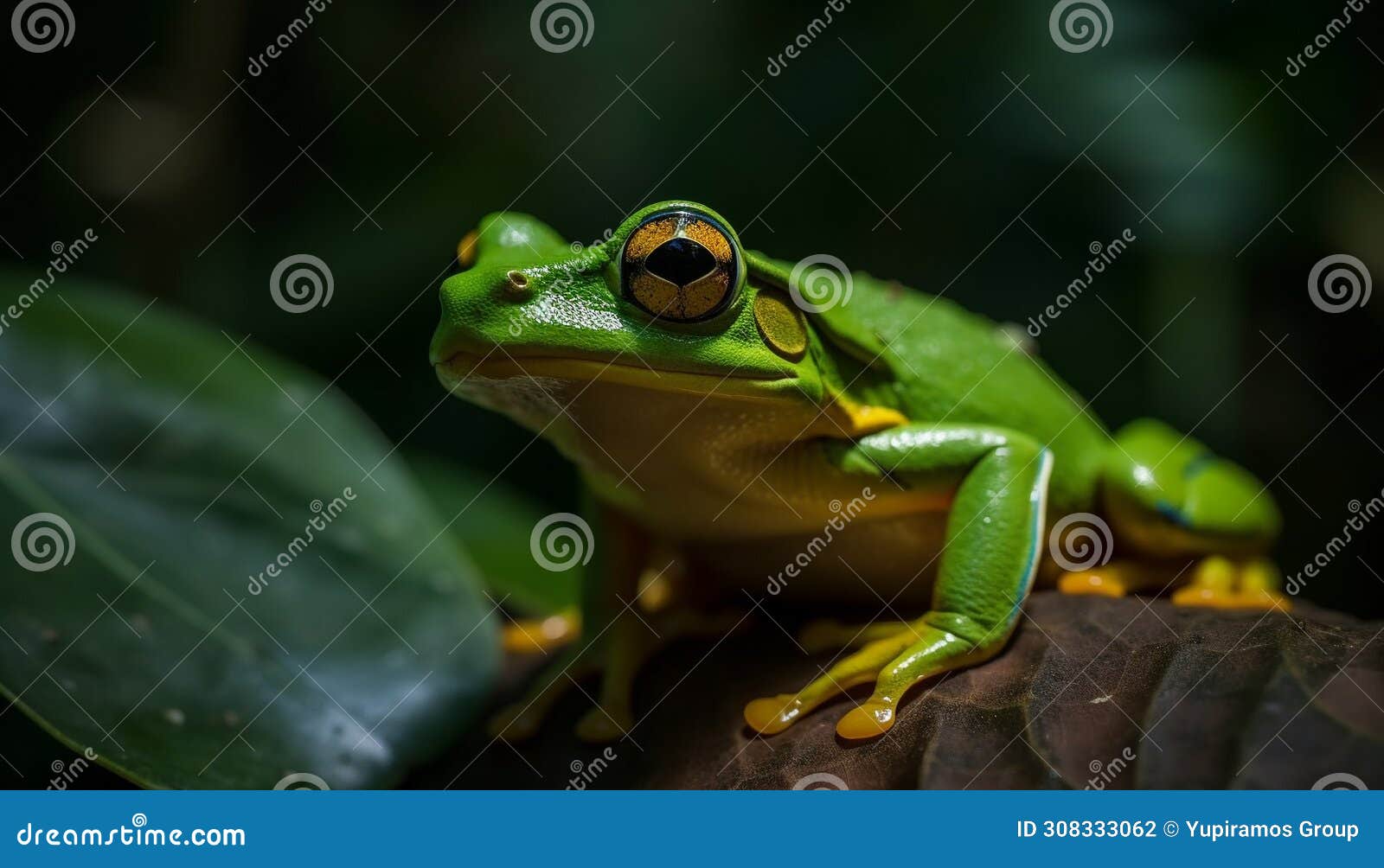 Cute Red Eyed Tree Frog Sitting on Wet Leaf in Tropical Rainforest ...