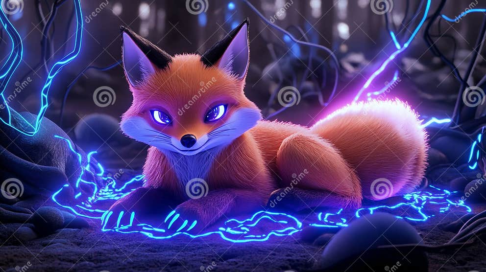 Cute Red Fox with Neon Glowing Light in Forest Stock Illustration ...