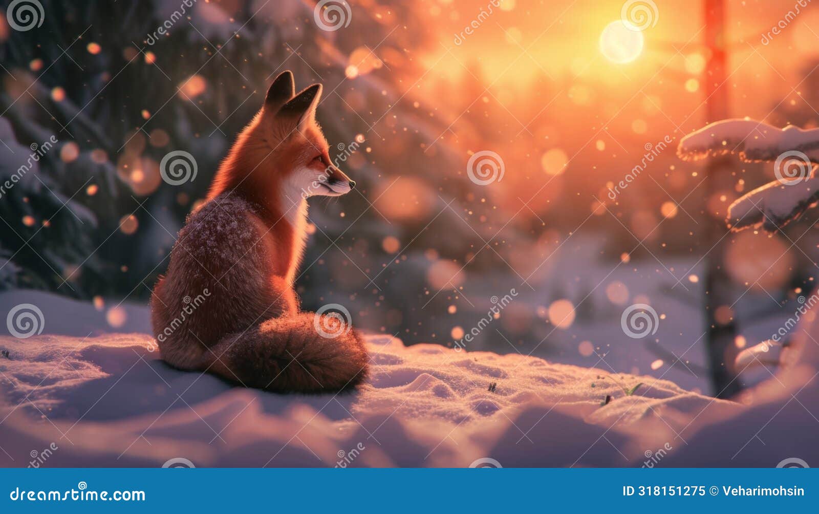 Cute Red Fox Sitting in Snow, Looking at Sunset Stock Illustration ...