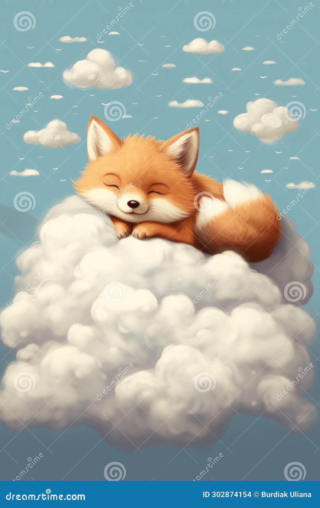 Cute Red Fox Sleeping on a Cloud Watercolor Drawing. Generative AI ...