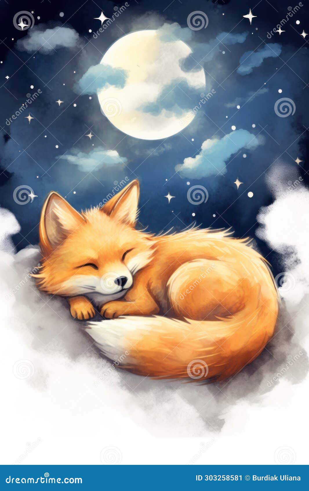 Cute Red Fox Sleeping on a Cloud Watercolor Drawing. Generative AI ...