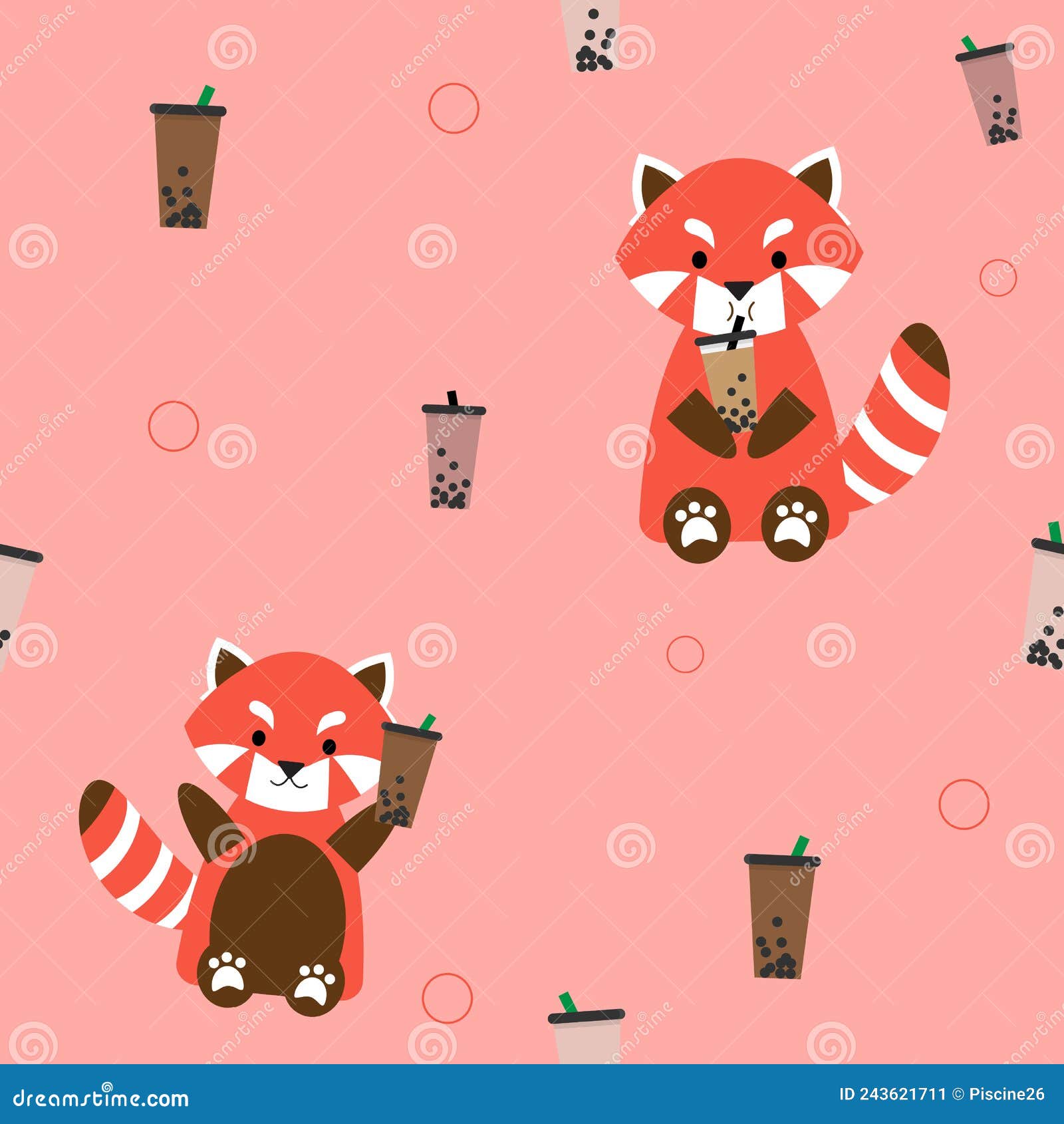 Cute Red Panda with Milk Tea Seamless Pattern for Print or Fabric Stock ...